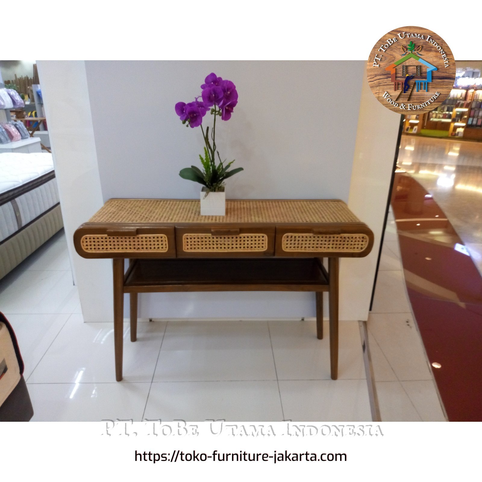 Console Table from Teak Wood and Rattan for the Living Room